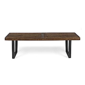 Great Deal Furniture JOA Patio Dining Bench, Acacia Wood with Iron Legs, Modern, Contemporary, Dark Brown and Black