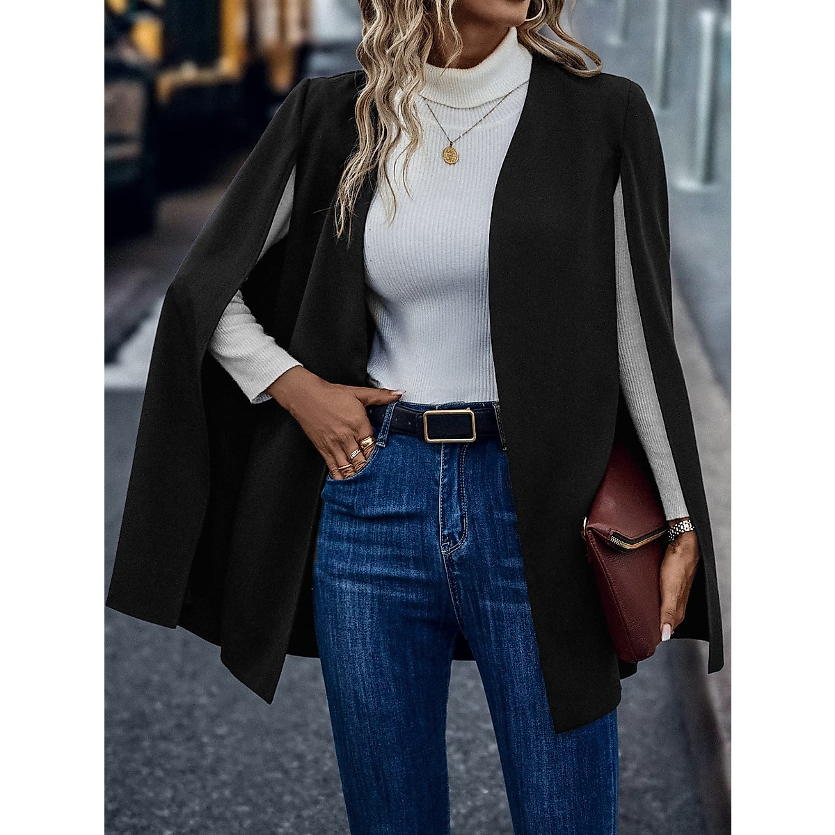 WDIRARA Women's Cape Blazer Cloak Split Sleeve Open Front Jacket Work Business Casual Blazer Solid Cape Coats Black L