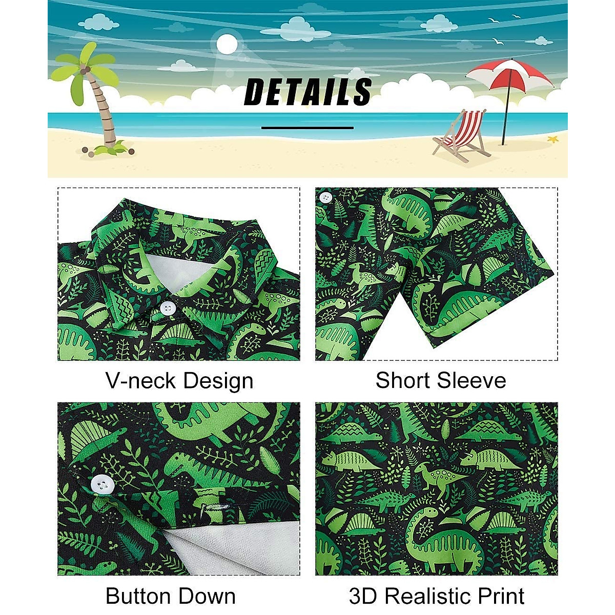 uideazone 5 Years Dinosaur Green Boys 3D Printed Holiday Button Down Shirt Novelty Tropical Themed Hawaiian Tops Clothes for Boys 5-6T