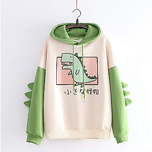 Boxinay Women's Teen Girls Cute Dinosaur Long Sleeve Hoodies Casual Loose Sweaters Hooded Sweatshirts Pullover Tops Shirts Green