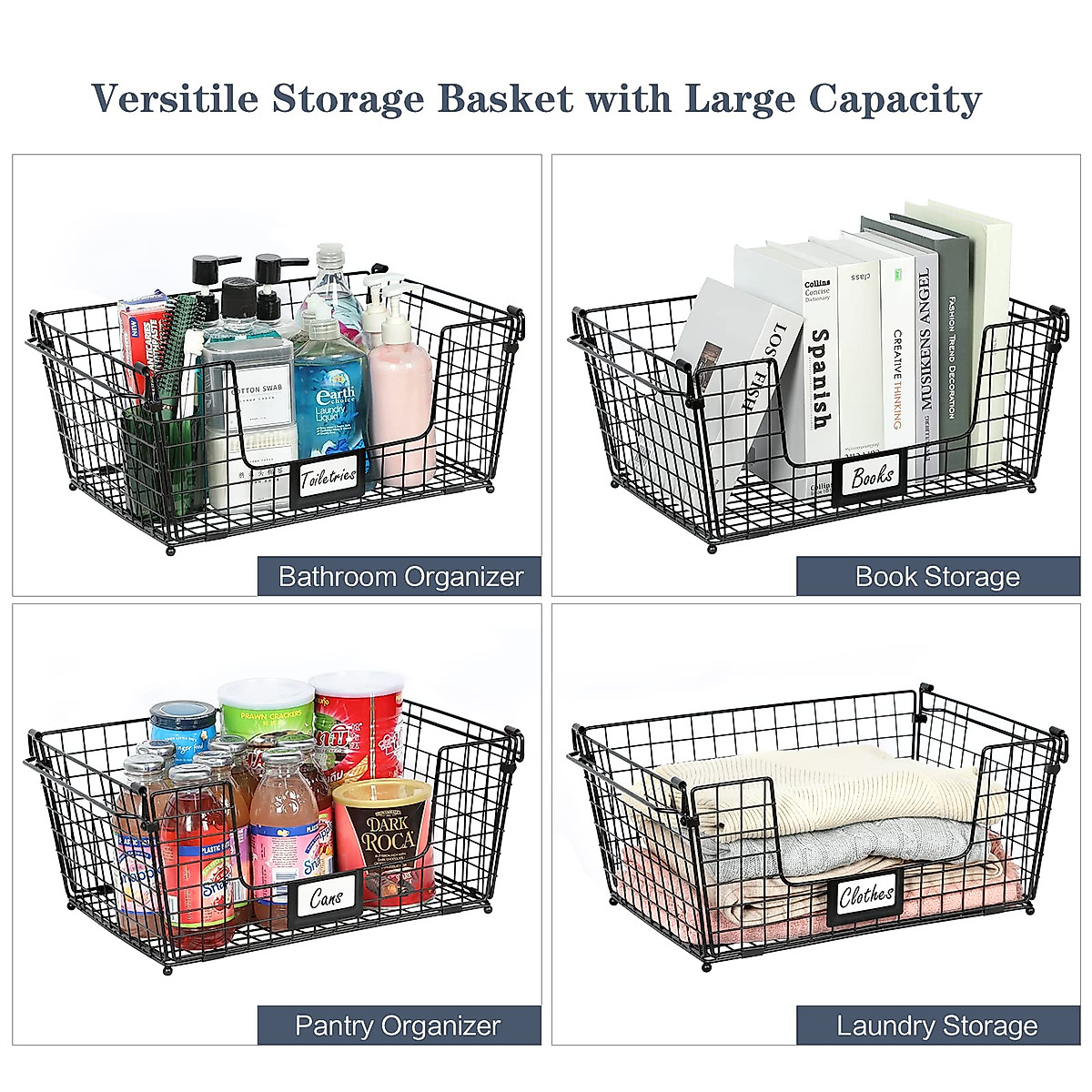 3 Pack XXL Stackable Wire Baskets for Pantry Storage and Organization- Large Metal Storage Bins with Handle and Chalkboard for Fruit Vegetable Snack Food- Kitchen Cabinet Countertop Organizer - Black