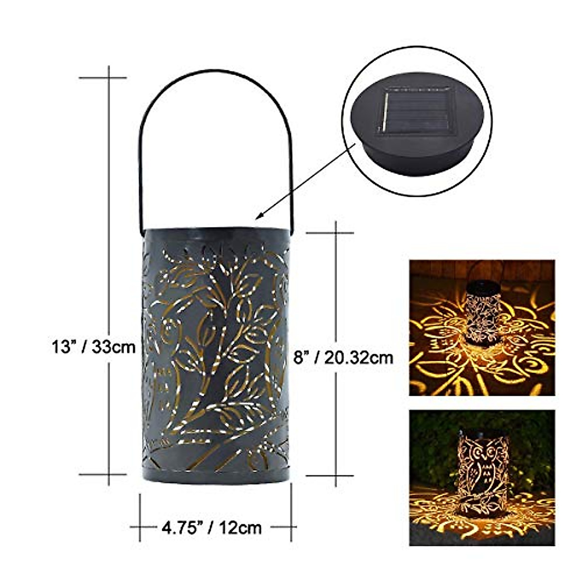 Shengming 2 Pack Hanging Solar Metal LED Lanterns Owl Design Retro Solar Lights with Handle, Outdoor Solar Garden Lights Decor for Yard Tree Fence Patio 20 Lumens Warm White