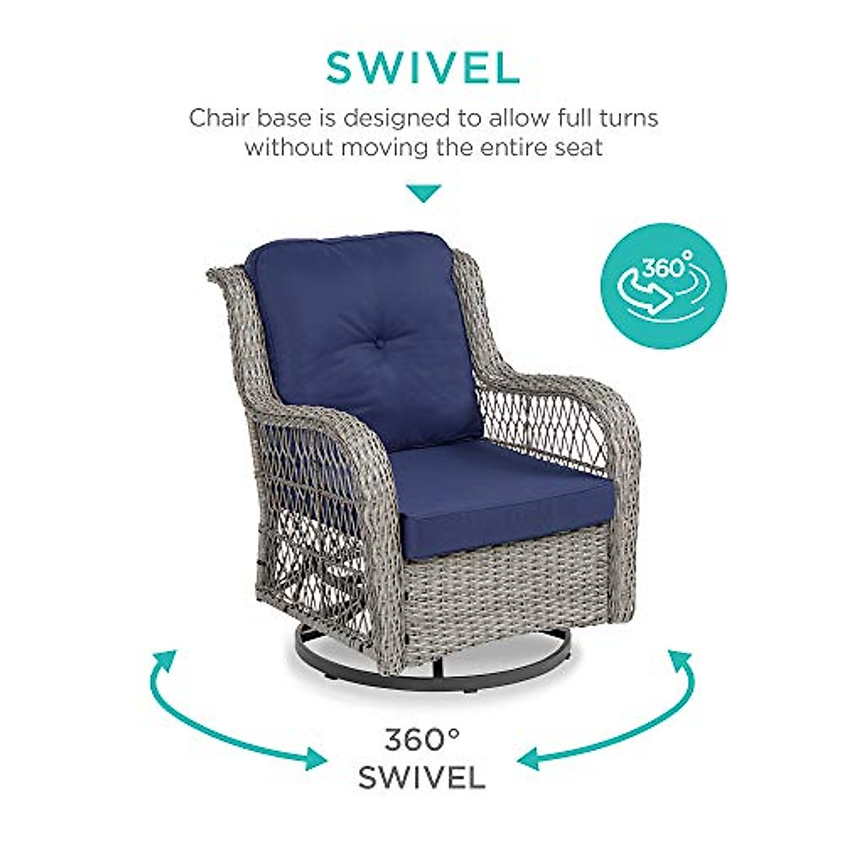 Best Choice Products 3-Piece Outdoor Wicker Patio Bistro Set w/ 2 360-Degree Swivel Rocking Chairs and Tempered Glass Top Side Table - Navy