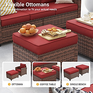 VONZOY Patio Furniture Set, 7 Pieces Outdoor Sectional Sofa Couch with Chairs, Ottomans and Comfy Cushions, All Weather Wicker Rattan Patio Conversation Set for Garden Backyard Wine Red