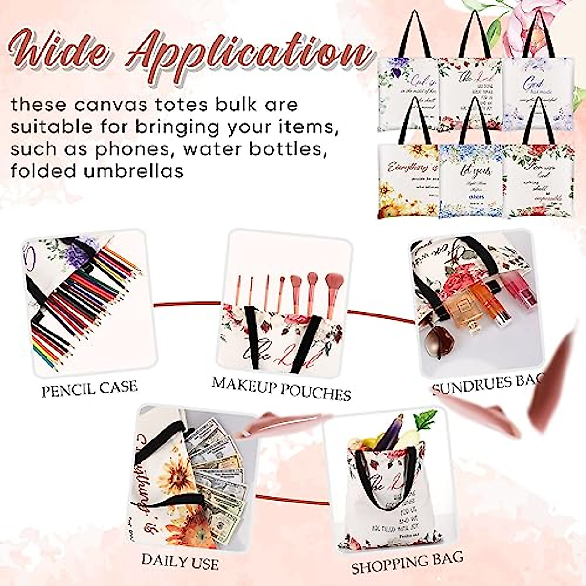 Silkfly 6 Pcs Bible Tote Bags for Women, Shoulder Scripture Religious Reusable Tote Bags Floral Verse Christian Tote Bag for Beach Market Travel Grocery Christmas Gift