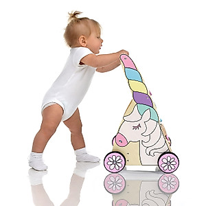 Hopscotch Squad Sit-to-Stand Learning Walker Unicorn Themed Interactive Wooden Push & Pull Baby Walker with Multiple Activities to Develop Motor Skills