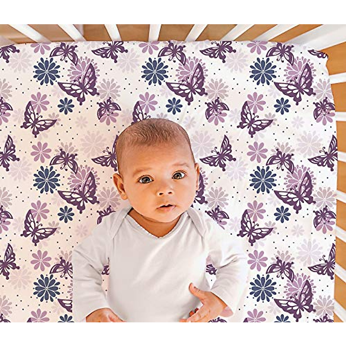 The Peanutshell Crib Sheet Set for Baby Girls - 2 Pack Set - Purple Butterfly & Purple Ditsy Floral