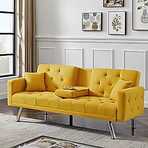 Eafurn Linen Fabric Futon Bed, Button Tufted Folding Recliner Sleeper Reversible Loveseat Convertible Daybed with 2 Cup Holders,75.59" W Small Splitback Sofa & Couches for Living Room, C-Yellow