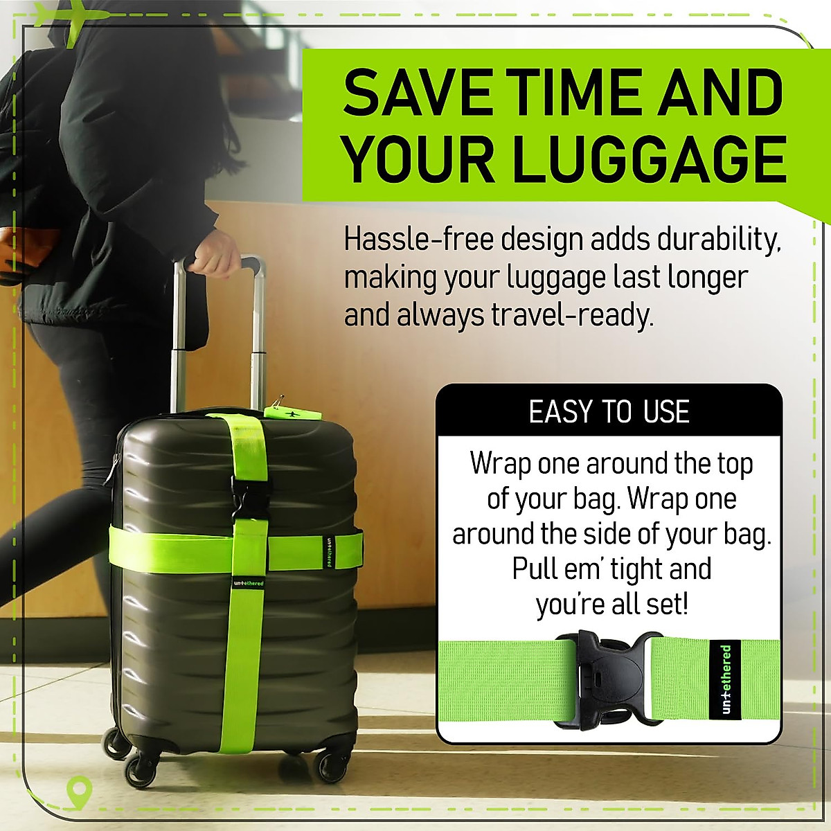 Untethered 4-Pack Luggage Straps | Durable TSA-Approved Suitcase Belt Straps | Adjustable Bag Straps for Secure Luggage Wrapping | Heavy-Duty Buckle Straps for Travel