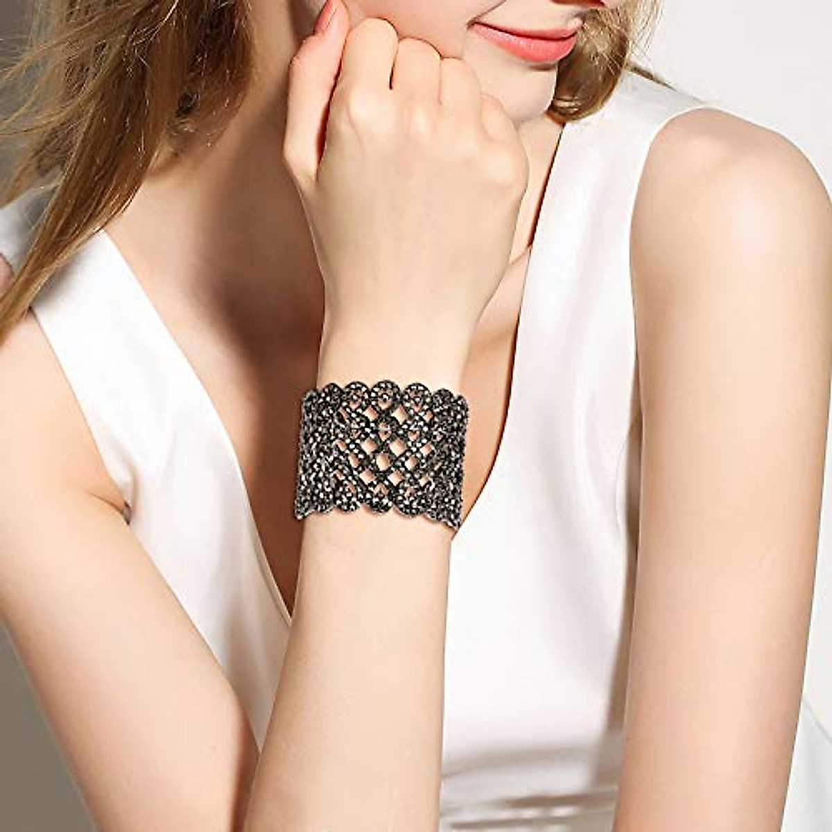 EVER FAITH Women's Rhinestone Crystal Art Deco Love Knot Wide Stretch Bridal Bracelet Black Black-Tone