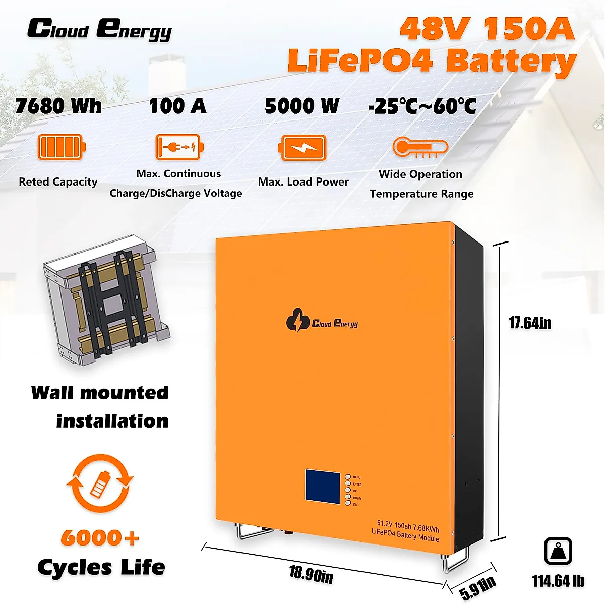 Cloudenergy 48V 150Ah Wall Mounted Lithium LiFePO4 Deep Cycle Rechargeable Battery |6000+ Life Cycles & 10-Year Lifetime | Built-in BMS & LED Monitor | RV, Solar, Marine, Overland, Off-Grid…
