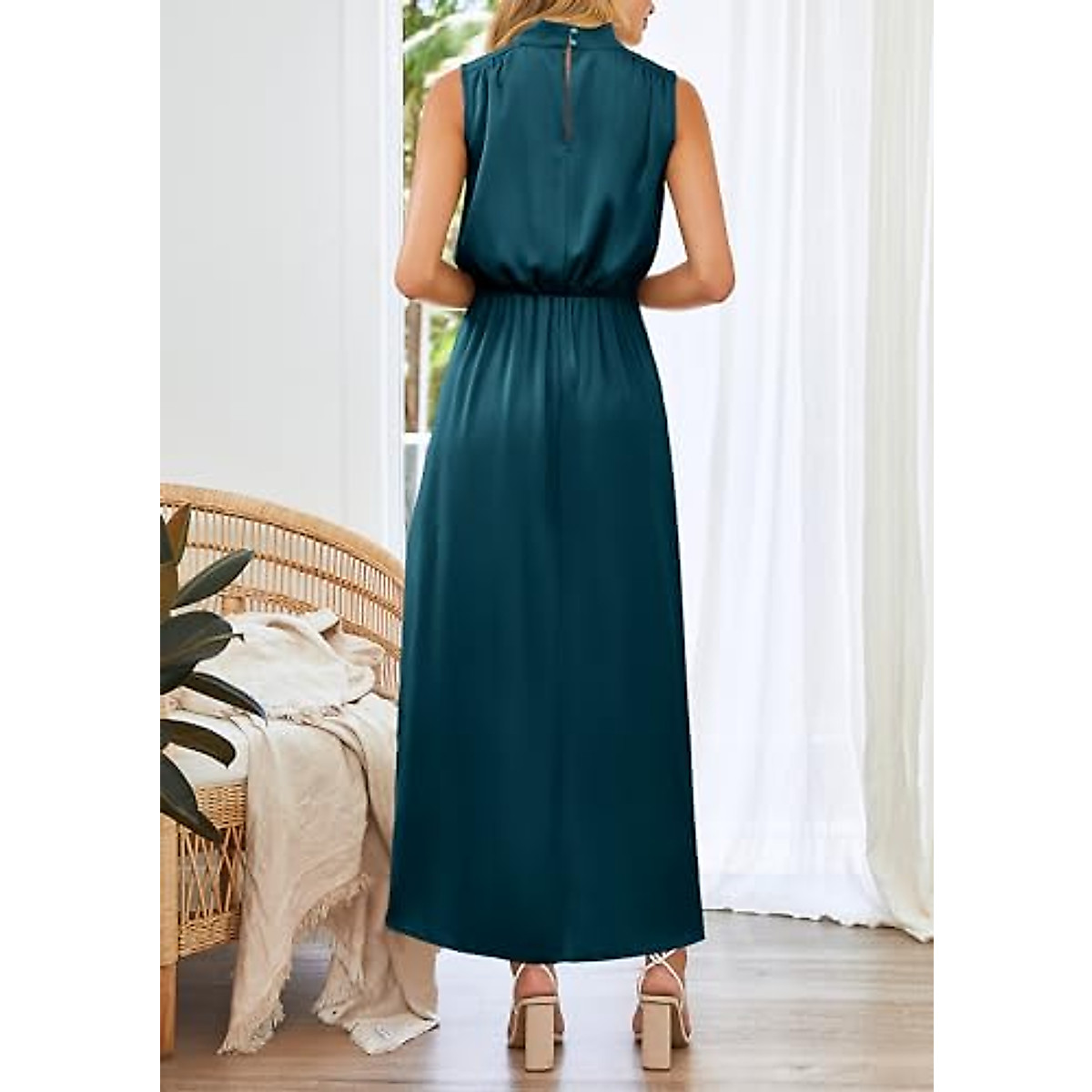 PRETTYGARDEN Women's Long Formal Satin Dress Mock Neck Sleeveless Side Slit Flowy Maxi Tank Dresses (Dark Blue,Medium)