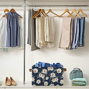 AUUXVA Floral Flower Daisy Leaves Pattern Storage Basket Large Foldable Storage Organizer Cubes Bins with Leather Handles Sturdy Collapsible Boxes for Shelf Cloth Toy Closet-2 Pack