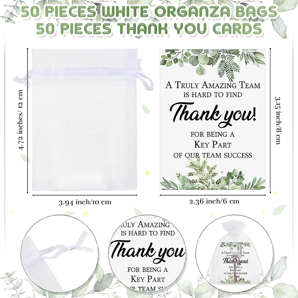 Sasylvia 50 Set Employee Appreciation Gifts Bulk Skeleton Key Bottle Opener Keychain Thank You Card Organza Bags for Coworker