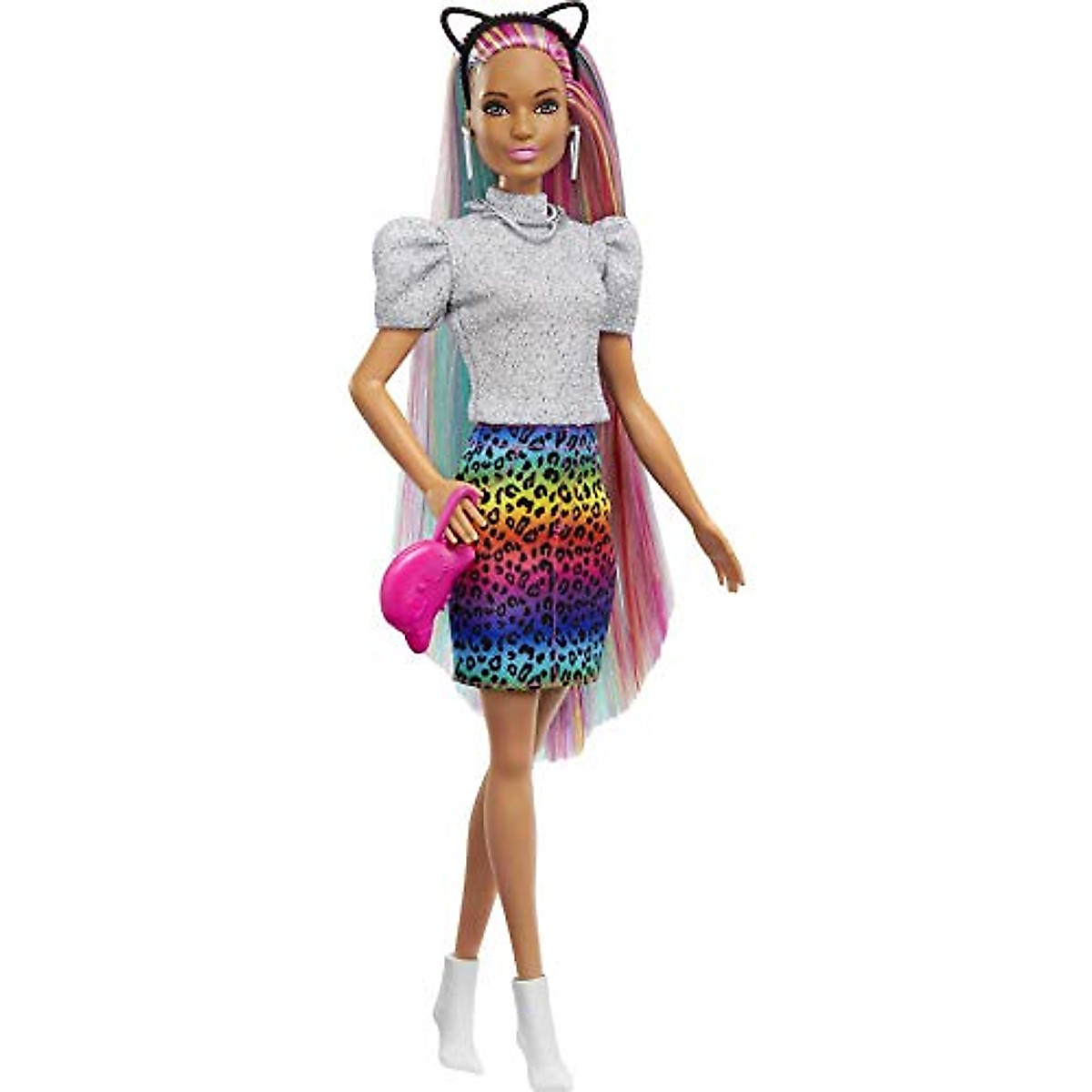 Barbie Doll Leopard Rainbow Hair Brunette With Color-Change Highlights & 16 Styling Accessories Including Clothes, Scrunchies, Brush & More