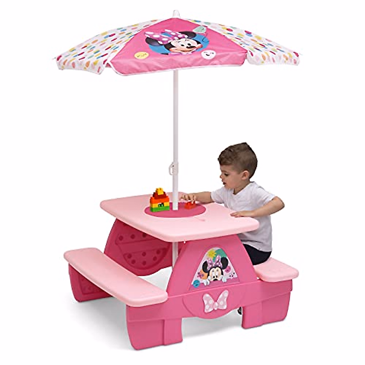 Delta Children 4 Seat Activity Picnic Table with Umbrella and Lego Compatible Tabletop, Minnie Mouse, 32.5 in x 34.25 in x 53.5 in