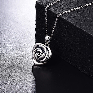 ACJFA Sterling Silver Rose Flower Cremation Urn Pendant Necklace Keepsake Ashes Memorial Jewelry for Women (Oxidized)