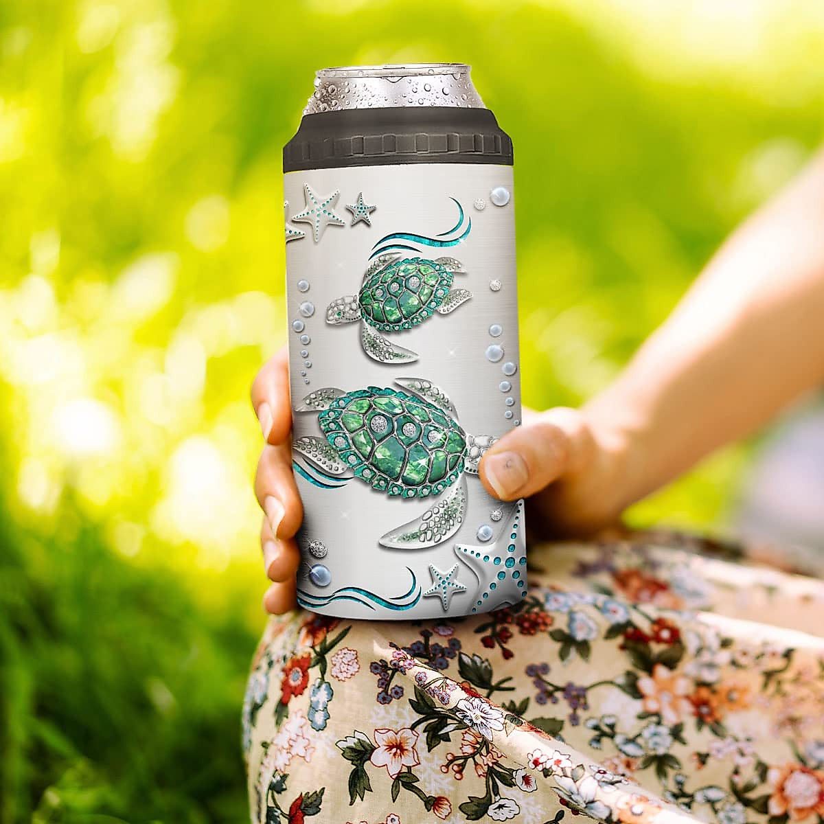 ZOXIX Sea Turtle Can Cooler Tumbler 16oz 4-in-1 Can Holder Travel Mug Jewelry Style Stainless Steel Insulated Cup Ocean Animal Turtles Mothers Day Personalized Name Gifts For Mom