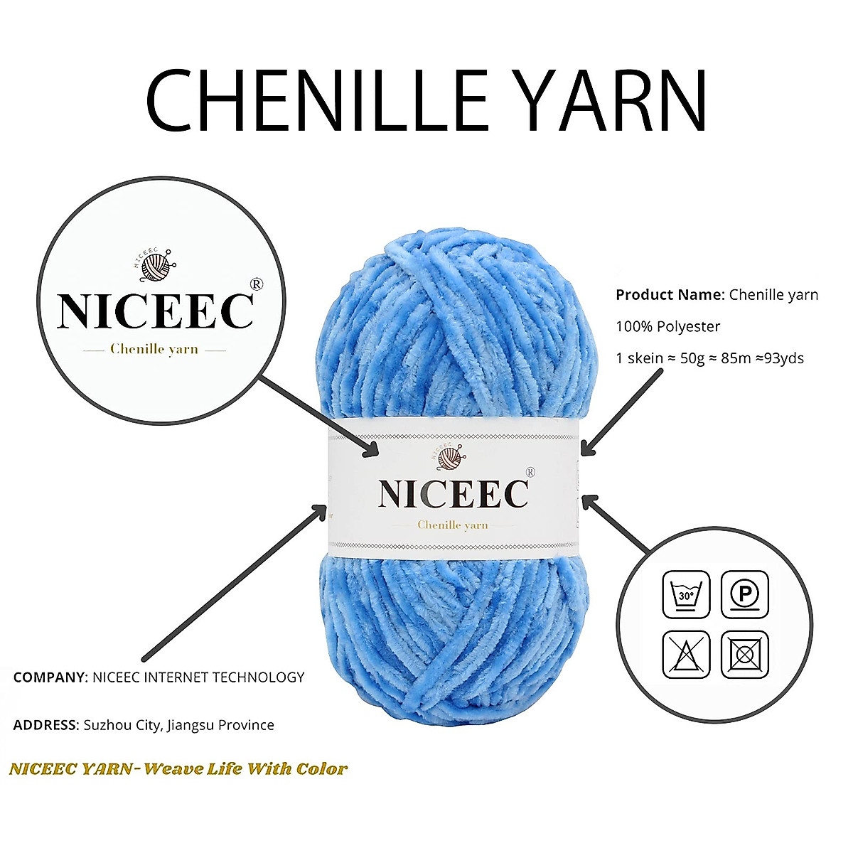 NICEEC 3 Skeins Soft Chenille Yarn Blanket Yarn for Knitting Fancy Yarn for Crochet Weaving DIY Craft Total Length 3×85m (3×93yds, 3×50g)_Blue
