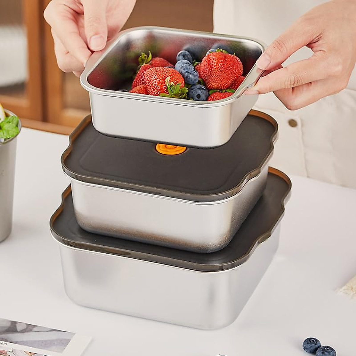 BEFOY Stainless Steel 101oz Big Food Storage Containers with Translucent Lid Food Lunch Box Containers Leak-proof Light Easy Set with Air Vent Snack Boxes (700/1700/3000)