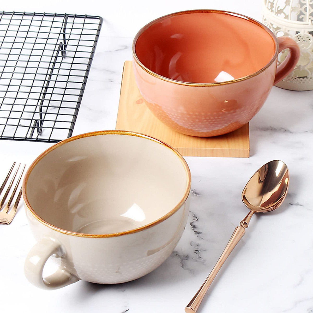 EISTEE Cereal Bowl,soup bowl,tea bowl,Large Soup Cup Ceramic Breakfast Bowl with Handle, 700ml Cereal Soup Bowl, Pumpkin Soup and Salad. Dishwasher, Microwave and Oven are Safe.-red (Color : Cream)