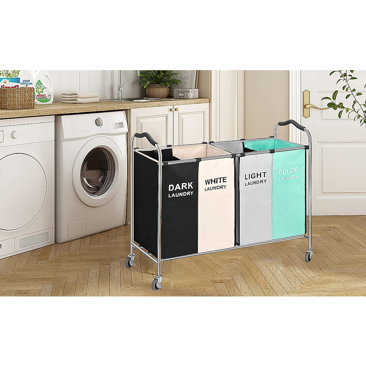 Laundry Basket Sorter Cart,Laundry Hamper Sorter Baskets with Large Removable Bags and Lockable Rolling Wheels,for Laundry Room Organization and Storage,40 X 16 X 30 inches (4 Section-Green)