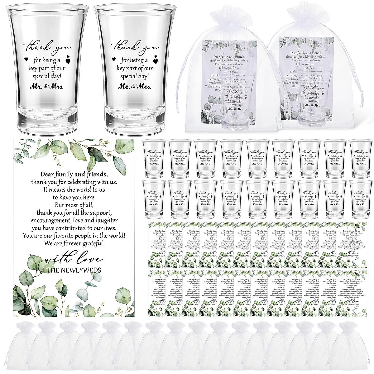 Uiifan Short Glasses Wedding Favors for Guests Acrylic Clear Plastic Shot Glass Wedding Shot Glass with Card Organza Bag Wedding Party Favors Thank You Gifts for Friends Family Bridal Shower(50 Sets)