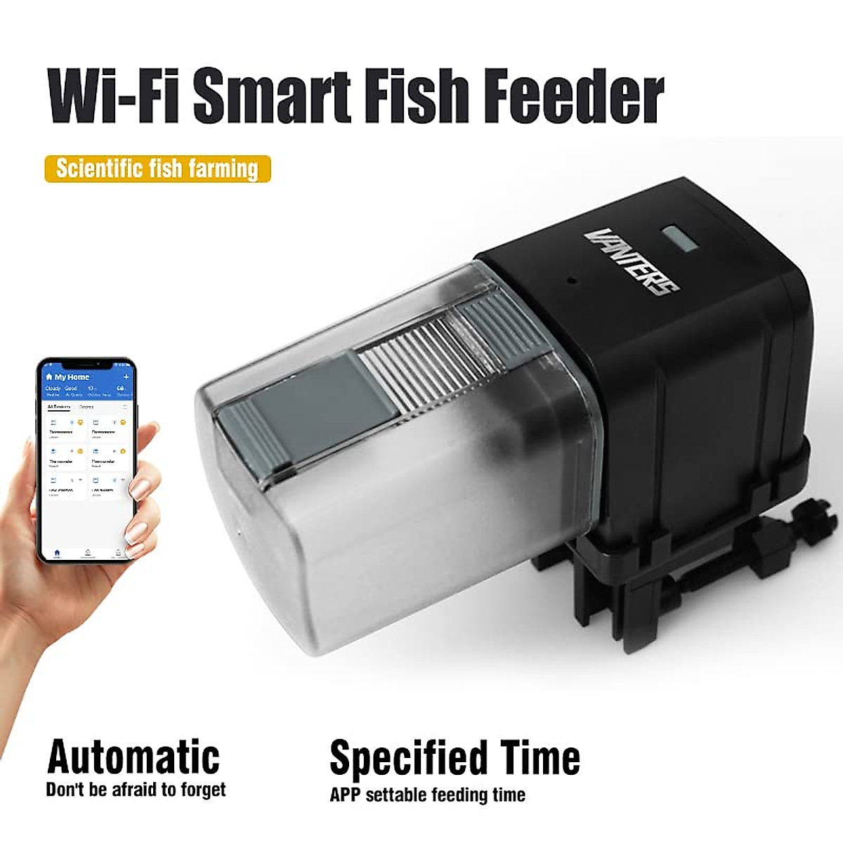 iLONDA L88 Automatic Aquarium Fish Tank Feeder Timer Adjustable Food Dispenser (APP Control & USB Power Supply), Compatible with Amazon Alexa (Black, Standard Pack)