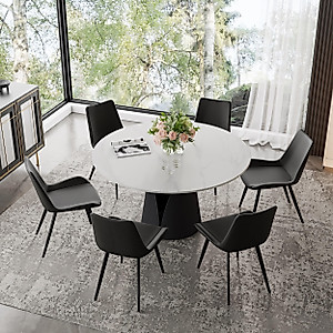 POVISON Round Dining Table for 6, Modern Dining Table 59" Dining Table Round Sintered Stone Top with Solid Black Carbon Steel Base, White Dining Table for Dining Room, Dining Table Only