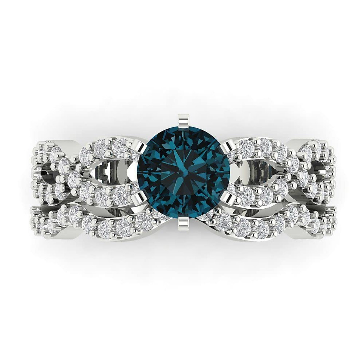 Clara Pucci 1.65ct Round Cut Laser Engraving Halo Natural London Blue Topaz Designer Statement Curved Ring Band Set 18K White Gold Size 4