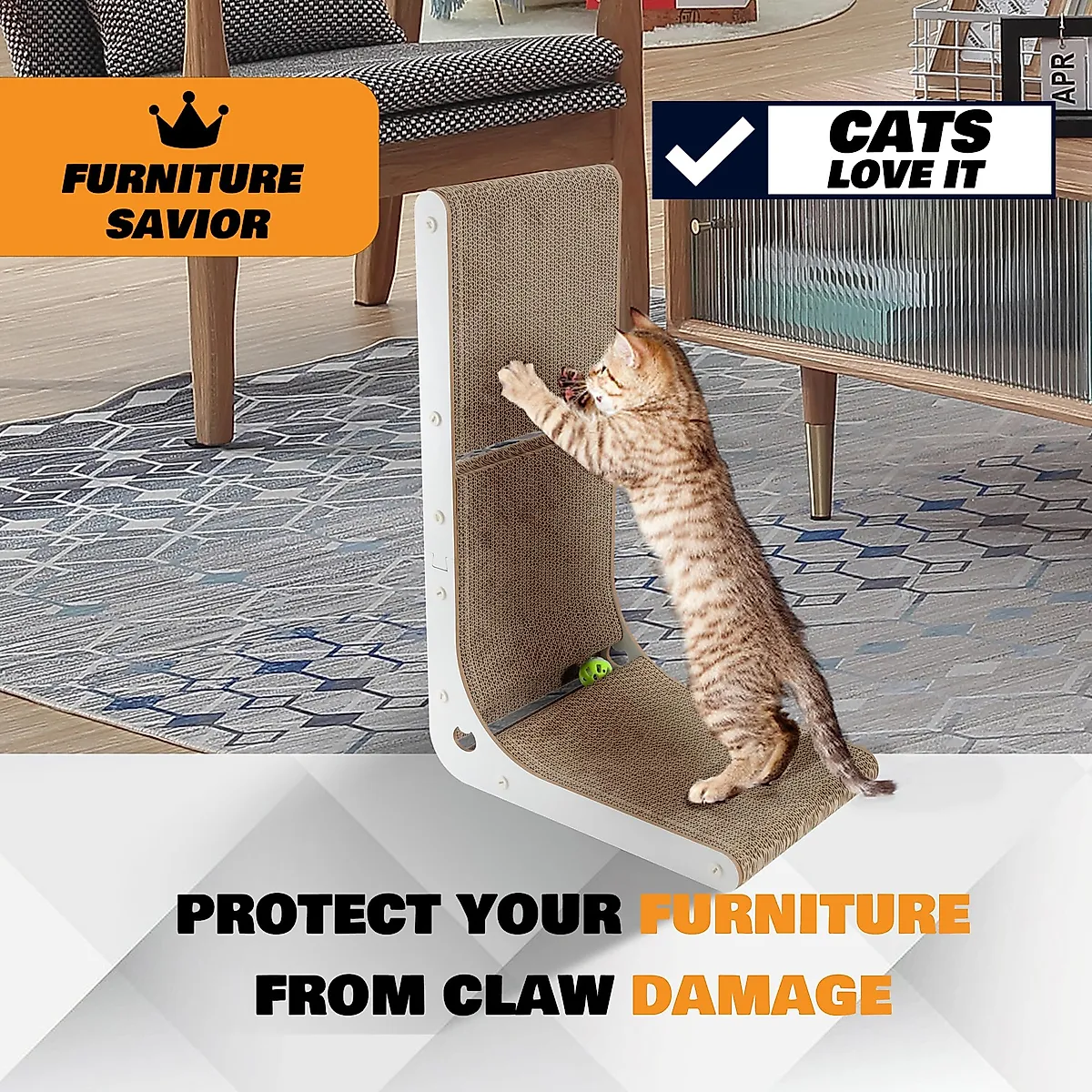 SMARTBEAN Cardboard Cat Scratcher, Vertical Cat Scratching Board, 23.6 Inch L-Shape Cat Scratch Pads with Built-in Catnip Toy Balls, Wall-Mount Cat Scratchers for Indoor Cats