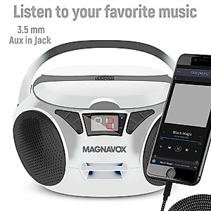 Magnavox MD6924 Portable Top Loading CD Boombox with AM/FM Stereo Radio in Black | CD-R/CD-RW Compatible | LED Display | AUX Port Supported | Programmable CD Player | (White)