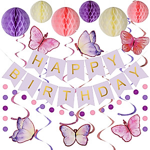meowtastic Purple Birthday Decorations - Purple Happy Birthday Banner with Honeycomb Ball, Butterflies Hanging Swirl Streamer, Circle Dot Garland Decoration - Birthday Party Decoration for Women Girl