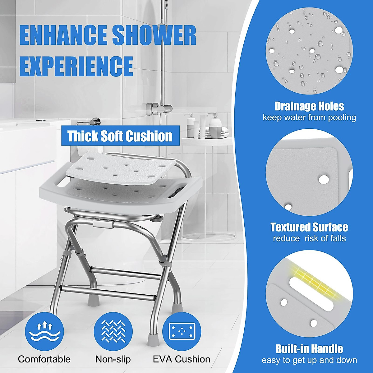 UGarden Height Adjustable Folding Shower Chair Seat, Stainless Steel Shower Chair for Inside Shower w/Crossbar, 400LB Portable Travel Shower Stool, Safety Anti-slip Bath Chair for Seniors, Adults,Gray