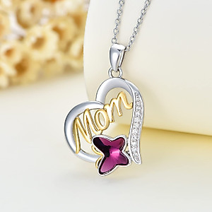 Natural Diamond Mom Heart Necklace for Women,925 Sterling Silver Butterfly Crystal Pendant Necklaces Birthday Gifts for Mom Wife 18"-20’’