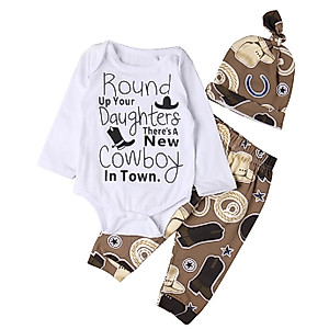 Lily.Pie Newborn Baby Boys Funny Bodysuits with Leggings Caps 3pcs Outfit Clothes (3-6M, Brown)