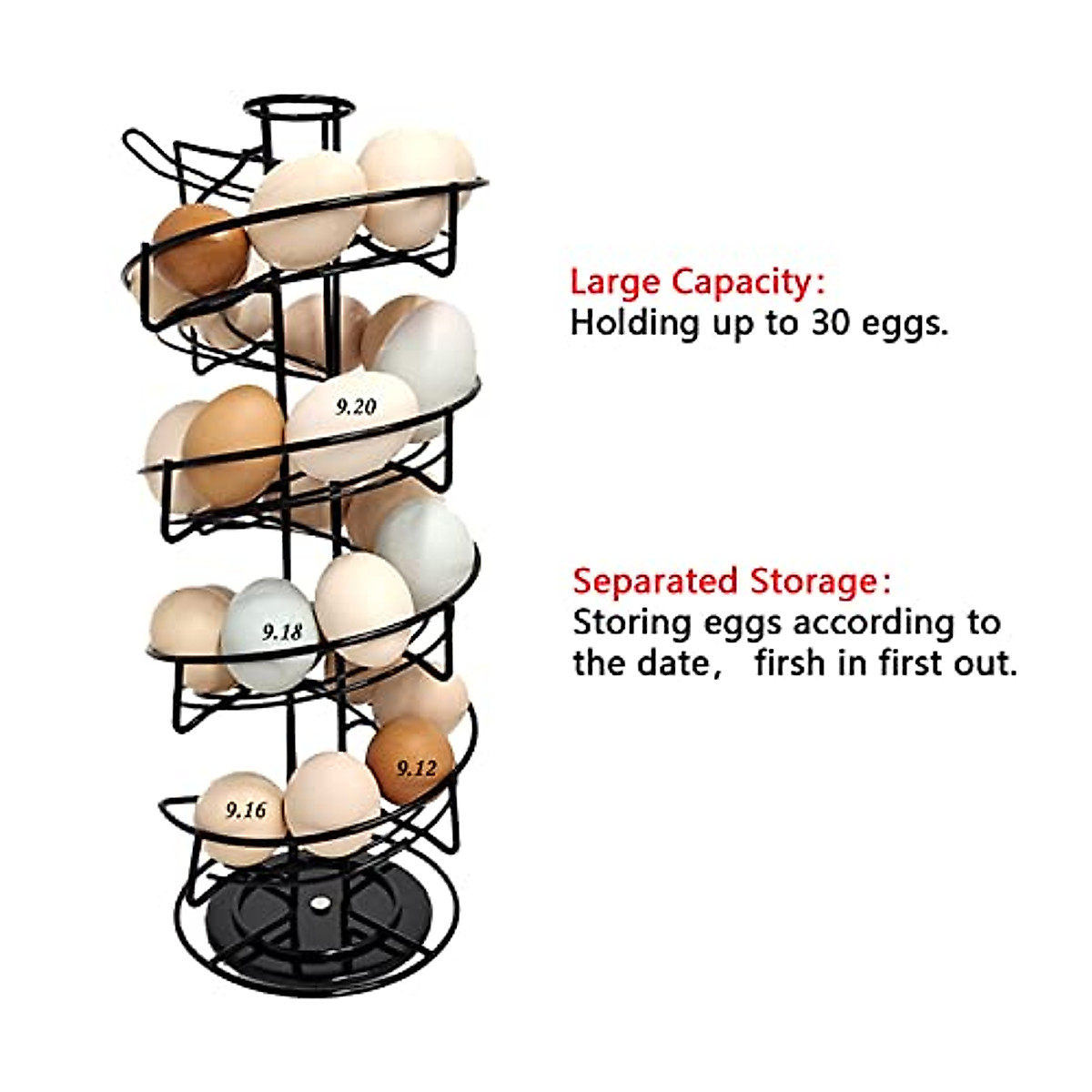 Rotating Egg Organizer Basket, Spiral Design Metal Egg Rack, Stable Base Egg Dispenser Rack, Large Capacity Egg Storage Display Holder Rack, Egg Rack Countertop, Kitchen (Without Handle Black)