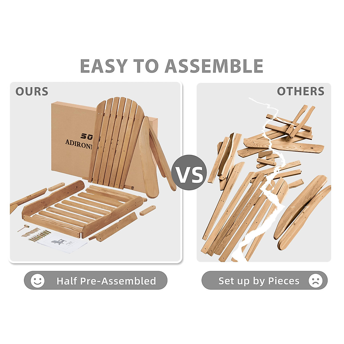 Outdoor Wooden Folding Adirondack Chair Set of 2 with Pre-Assembled BackRest, Wood Patio Chair for Garden Backyard Porch Pool Deck Firepit