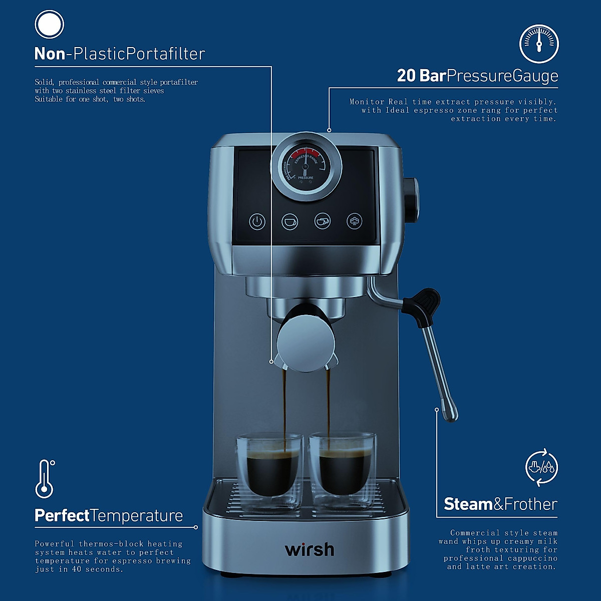 Espresso Machine,Wirsh 20 Bar Espresso Maker,Plastic-Free,Stainless Steel Expresso Coffee Machine for Espresso/Latte/Cappuccino, Touch Screen