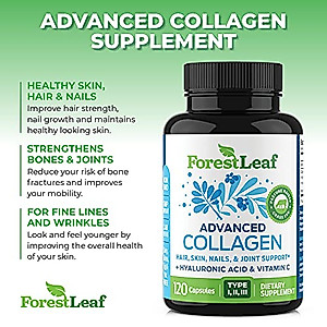 ForestLeaf - Collagen Pills with Hyaluronic Acid & Vitamin C - Reduce Wrinkles, Tighten Skin, Boost Hair, Skin, Nails & Joint Health - Hydrolyzed Collagen Peptides Supplement - 120 Capsules (2 Pack)