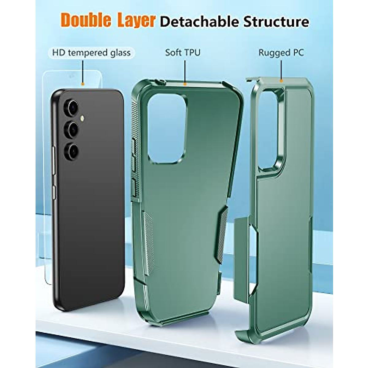 JXVM for Samsung Galaxy A54 5G Case: Shockproof Dual Layer Tough Phone Cover Protective with Tempered Glass Screen Protector Rugged - Military Grade Heavy Duty Protection, 6.4inch, 2023 (Dark Green)