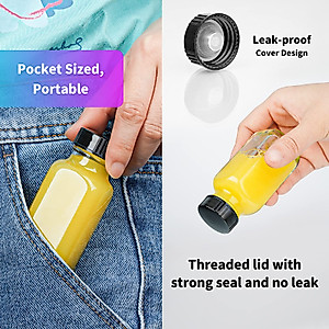 Syntic Clear Reusable Ginger Shot Bottles with Caps - 8 Pack 2 oz Small Square Glass Jars with 8 Sealed Conical Inner Caps & 8 Airtight Lids, Wide Mouth Juice bottles for Fridge, Extra Sticker, Funnel