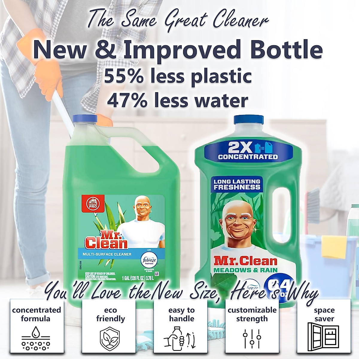 Mr Clean Multi Purpose Meadows Rain Liquid Cleaner Professional Household Non-Toxic Hardwood Floor Cleaner, 64 Ounce, New and Improved 2X Concentrated Solution, with NOIS Tissue Pack