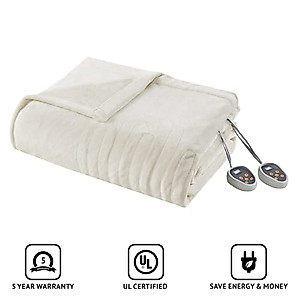 Beautyrest Plush Electric Blanket for Cold Weather, Fast Heating, Auto Shut Off, Virtually Zero EMF, Multi Heat Setting, UL Certified, Machine Washable, Ivory King (90 inx100 in)