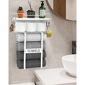 Towel Racks for Bathroom Wall Mounted - Bath Wall Towel Holder Set Above Toilet Storage, Rolled Towel Shelf Organizer for Small Bathroom All White, Wood Vertical Towel Rack for Bathroom Wall Decor