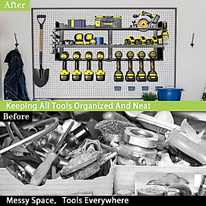 Spaclear Power Tool Organizer with Charging Station,3 Layer Holders Heavy Duty Metal Power Tool Storage Rack with 8 Drill Holders, Garage Tool Organizer and Storage with 8 Outlet Power Strip