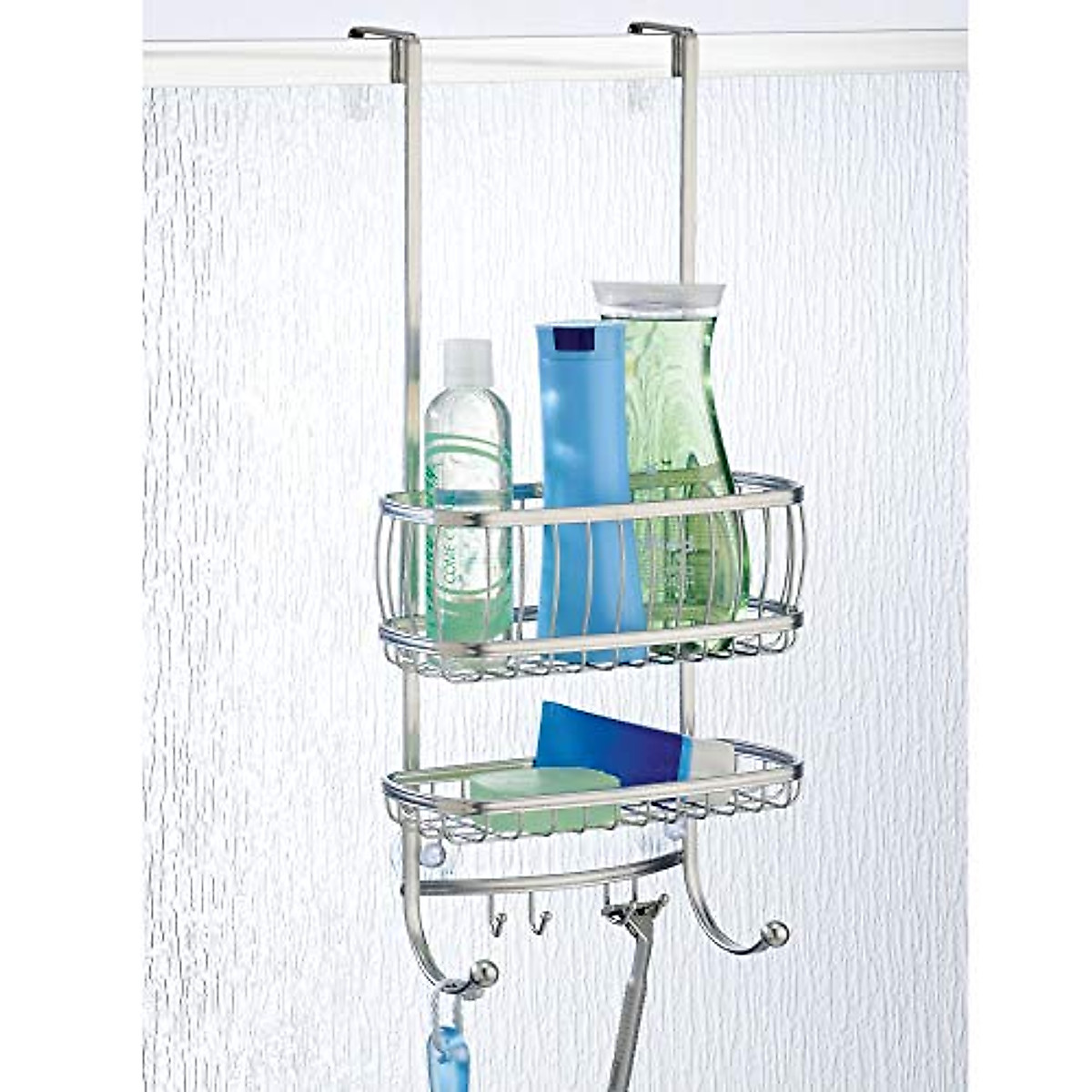 iDesign York Bathroom Over the Door Shower Caddy with Storage Baskets Shelves and Hooks for Shampoo, Conditioner, Soap, Silver