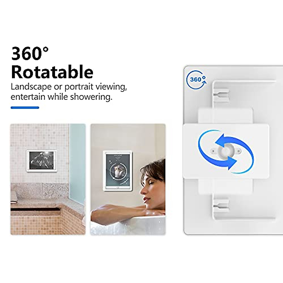 MoKo Wall Mount Shower Tablet Holder, 360 Rotation Waterproof Tablet Holder Bathroom Tablet Case Mount Shelf with Touchable Anti-Fog Screen for Tablets Up to 10.2", Fit with iPad 9 iPad Mini 6, White