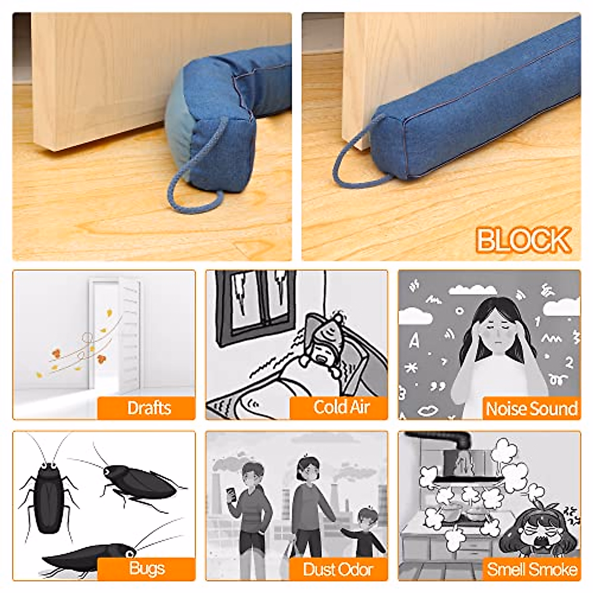 TORRAMI 36" Door Draft Stopper Under Bottom Insulation Noise Air Stopper 2.1LB,Sound Proof Draft Guard Seal for Doors and Windows - Blue Rectangle