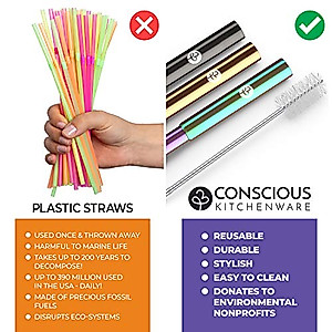 Conscious Kitchenware Reusable Metal Straws With Case - Portable And Collapsible Drinking Straw. Telescopic Stainless Steel Straw with Aluminium Travel Case and Cleaning Brush (Rose Gold)